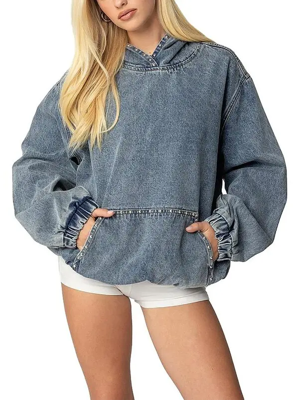 EDIKTED Oversized Studded Denim Hoodie - Blue