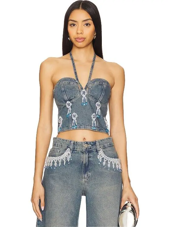 PatBO Nostalgic Sky Denim Bustier Top - Light Blue