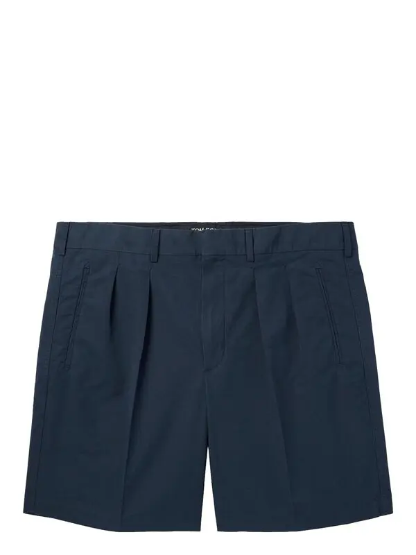 TOM FORD Straight-leg Pleated Cotton And Silk-blend Poplin Shorts - Blue