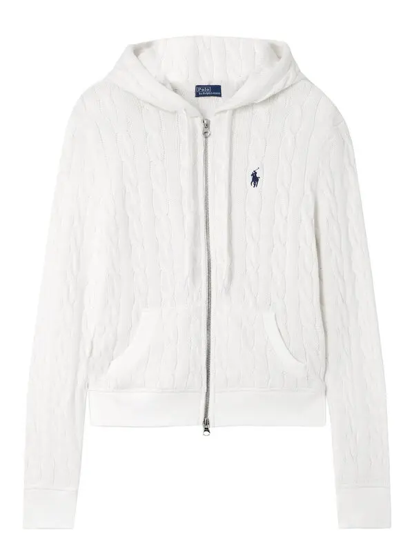 Polo Ralph Lauren Hooded Embroidered Cable-knit Cotton Cardigan - White