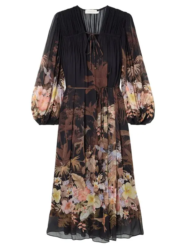 Zimmermann Illuminate Drawn Belted Gathered Printed Crepon Midi Dress - Black