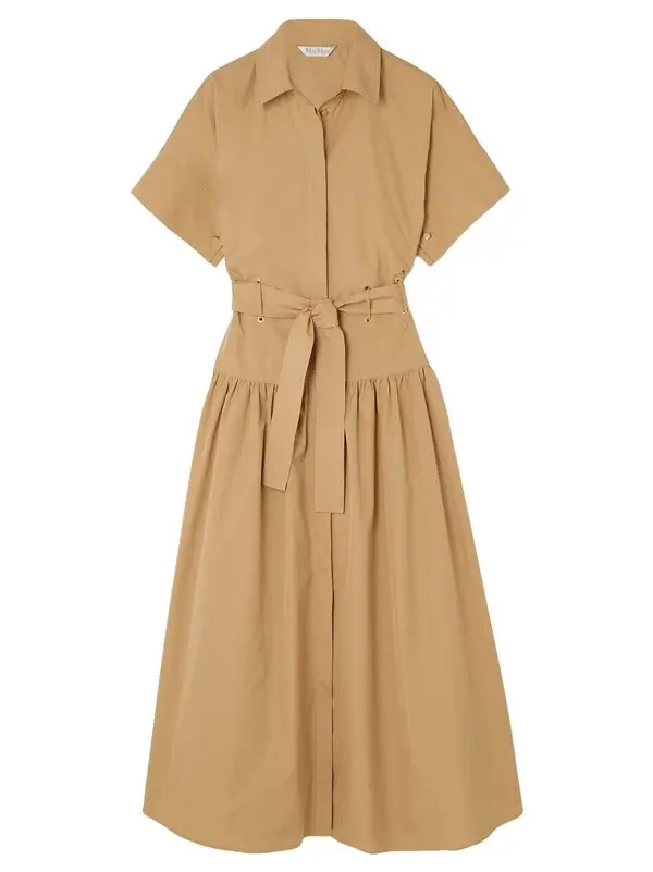 Max Mara Agoraio Belted Eyelet-embellished Cotton-poplin Midi Shirt Dress - Brown