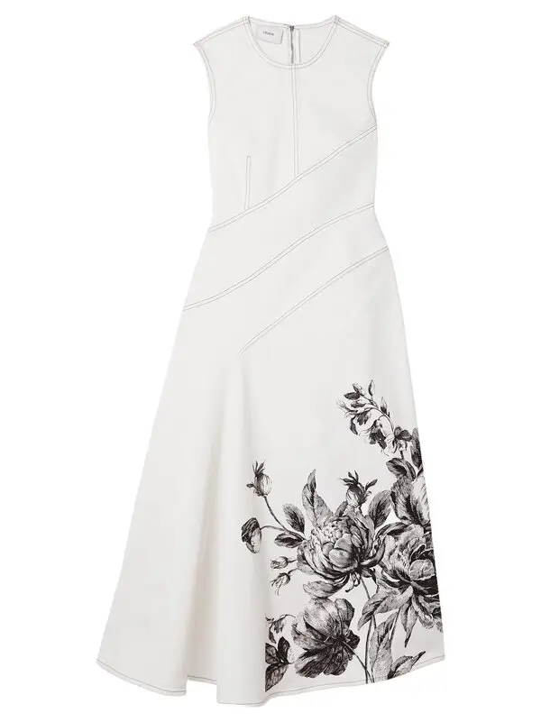Erdem Asymmetric Floral-print Denim Midi Dress - Ecru