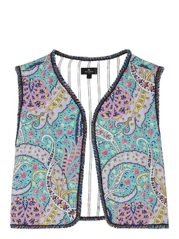Etro Cropped Embroidered Denim Vest - Blue