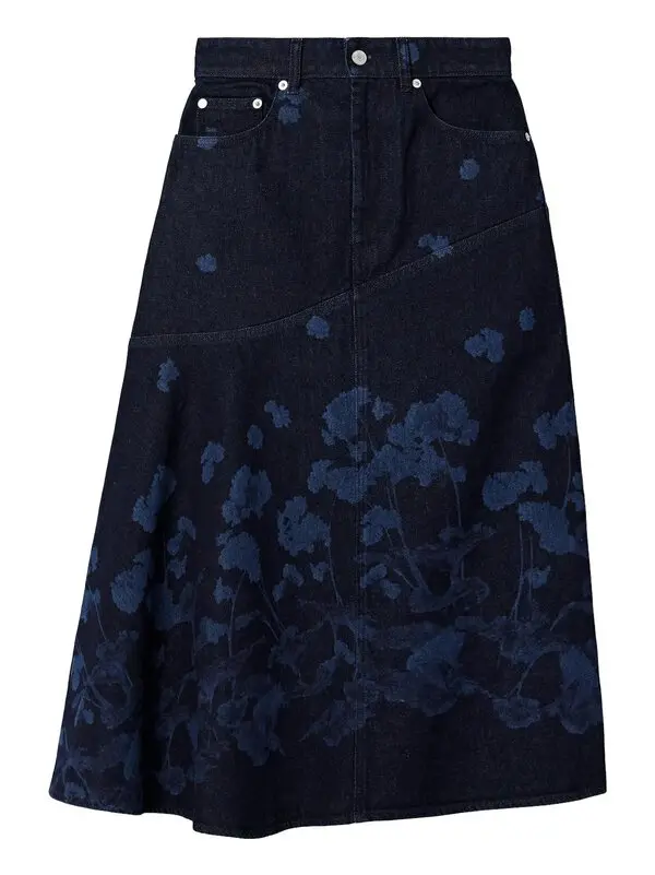 Erdem Paneled Floral-print Denim Midi Skirt - Blue