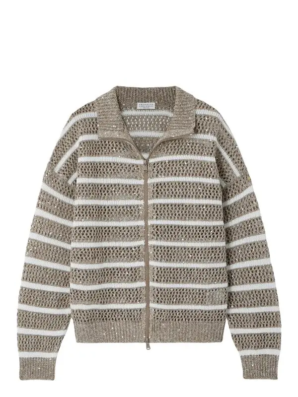 Brunello Cucinelli Sequined Striped Open-knit Linen-blend Cardigan - Gray