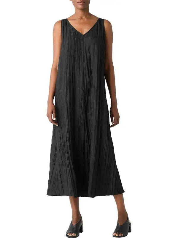 Eileen Fisher Pleated Silk Midi Dress - Black
