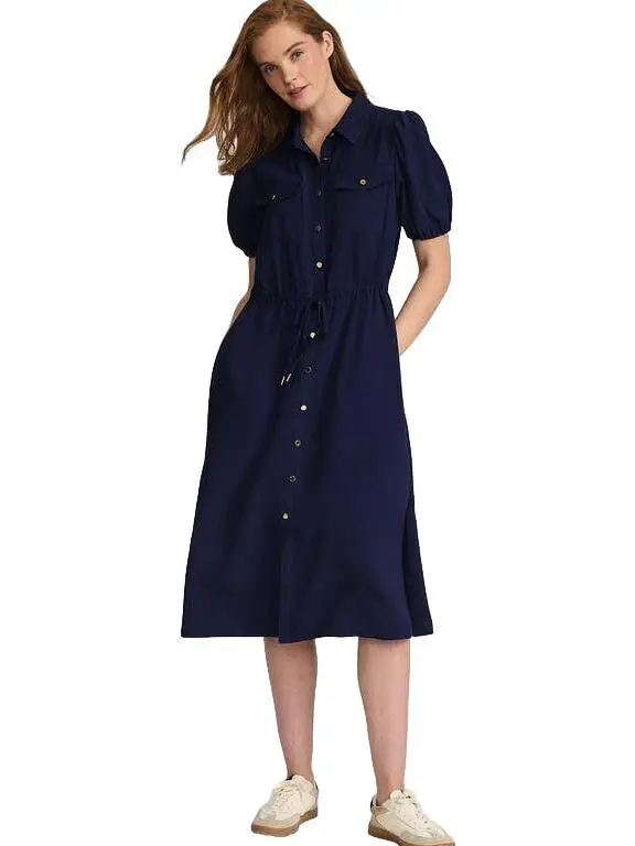 LANDS' END Twill Button-front Fluid Short Sleeve Dress - Deep Sea Navy