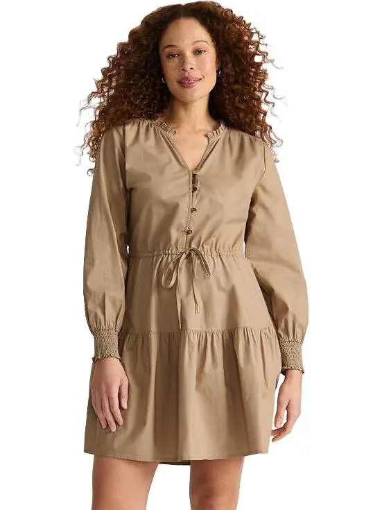 LANDS' END Long Sleeve Cotton Poplin Mini Popover Dress - Desert Tan