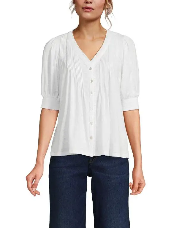 LANDS' END Button Pintuck Puff Sleeve Top - White