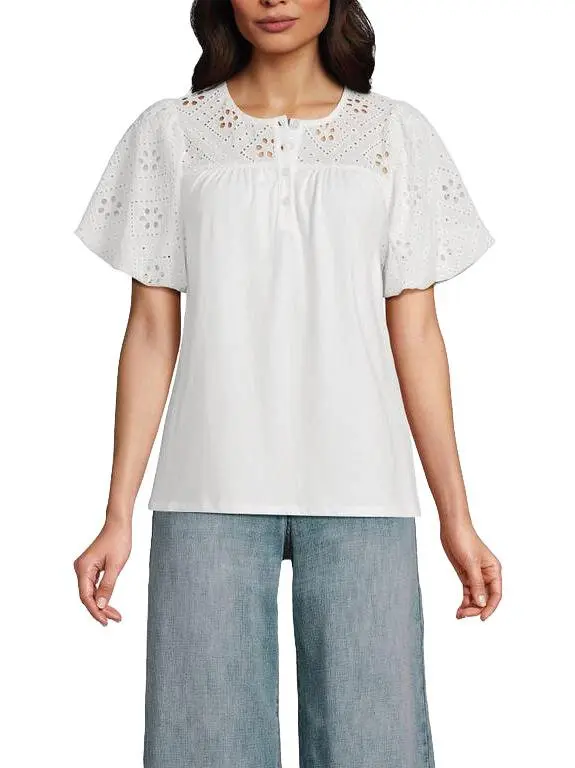 LANDS' END Eyelet Crew Puff Sleeve Top - White