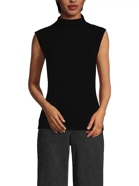 LANDS' END Cap Sleeve Drapey Rib Fitted Funnel Neck Tank - Black