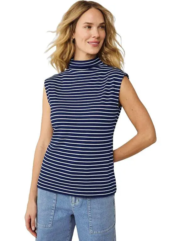 LANDS' END Cap Sleeve Drapey Rib Fitted Funnel Neck Tank - Deep Sea Navy/ivory Stripe