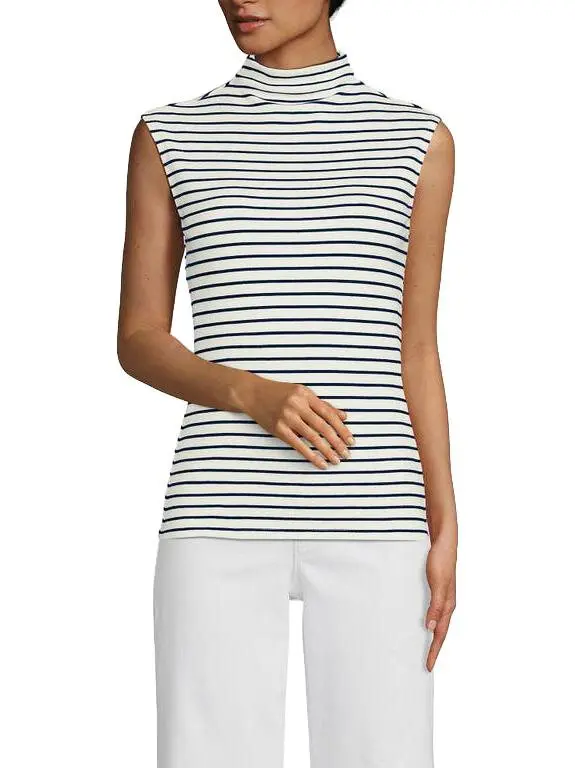 LANDS' END Cap Sleeve Drapey Rib Fitted Funnel Neck Tank - Ivory/deep Sea Navy Stripe
