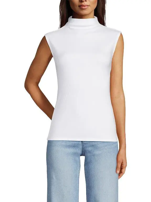 LANDS' END Cap Sleeve Drapey Rib Fitted Funnel Neck Tank - White