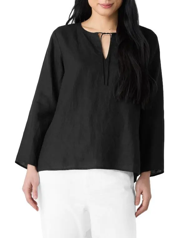 Eileen Fisher Split Neck Organic Linen Top - Black