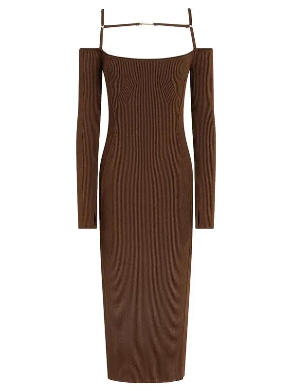 Jacquemus Sierra Off-the-shoulder Ribbed-knit Midi Dress - Brown