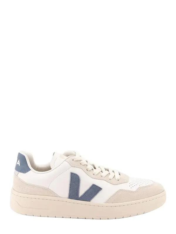 VEJA V-90 Low-top Sneakers In Organic Traced Leather With Contrast V-logo - White