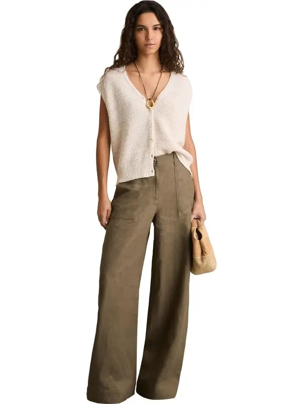 REISS Ashby Linen Wide-leg Trousers - Khaki
