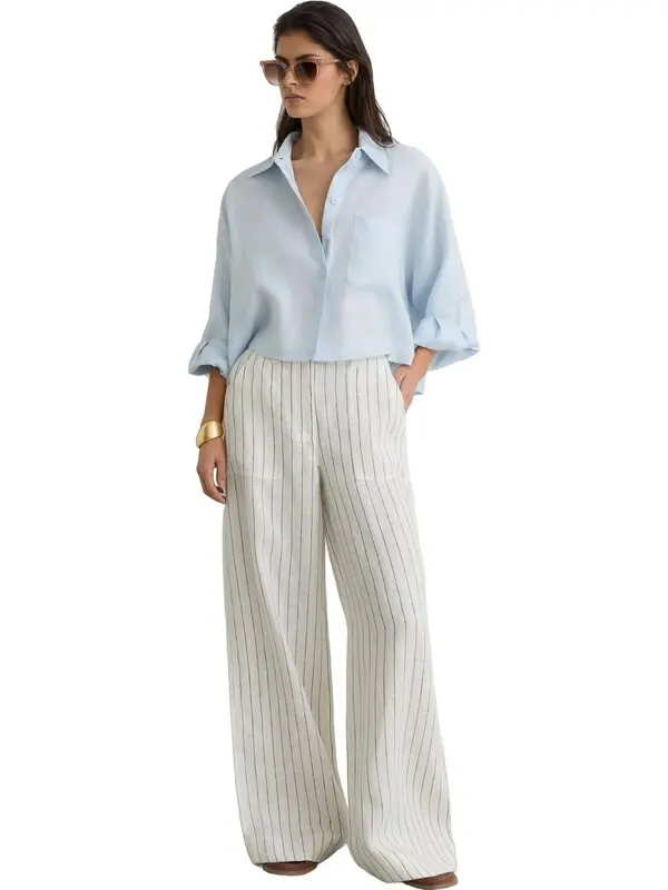 REISS Ashby Petite Linen Trousers - White/navy