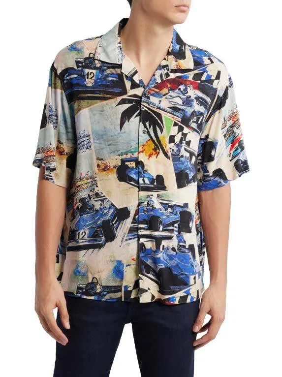 Hugo Espino Race Car Print Camp Shirt - Open Blue