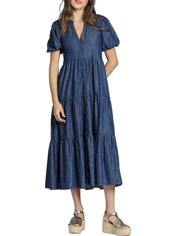 APNY Puff Sleeve Tiered Denim Maxi Dress - Dark Indigo