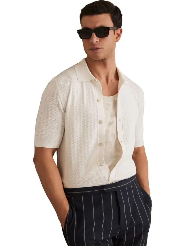 REISS Thames Textured Knit Button-through Shirt - White