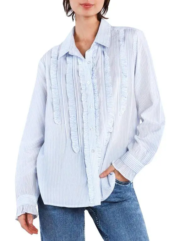 WASH LAB DENIM Ruffle Stripe Tuxedo Shirt - Blue Stripes