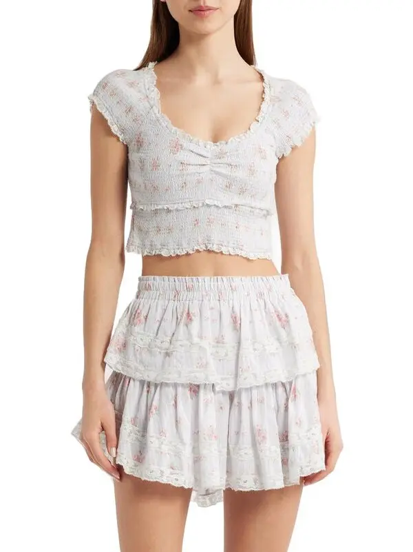 LoveShackFancy Cambron Lace Smocked Crop Top - Skylight Blue