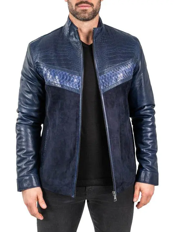 MACEOO Pythonshield Snakeskin Embossed Leather Jacket - Blue