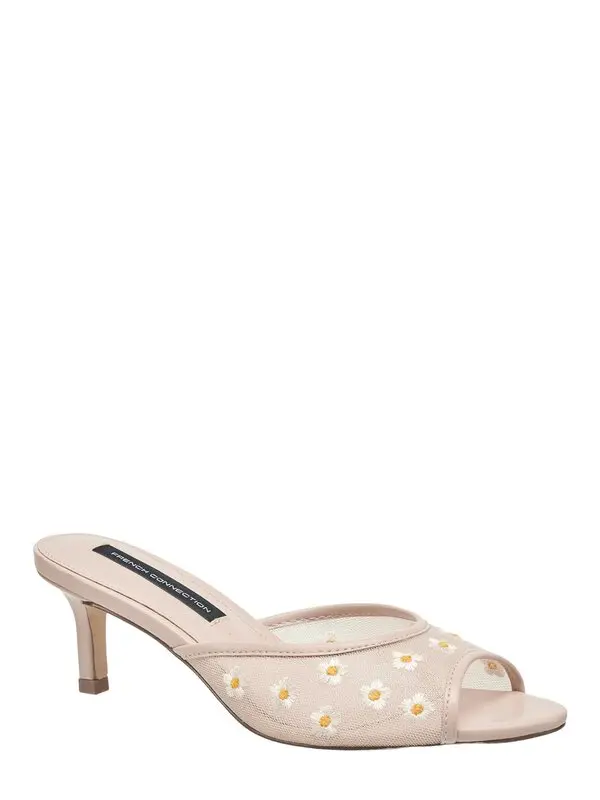 French Connection Nancy Mesh Embroidered Kitten Heel - Nude