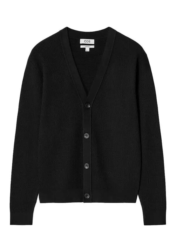 Cos Textured Knitted Cotton V-neck Cardigan - Black