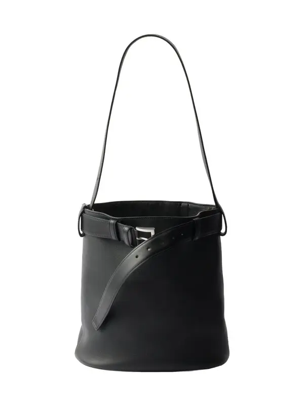 Prada Buckle Leather Bucket Bag With Belt - Black