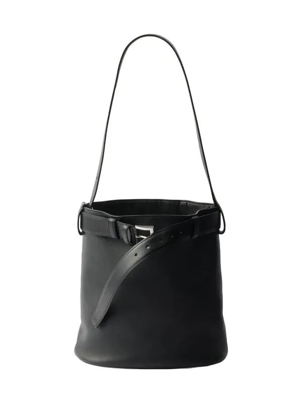 Prada Buckle Leather Bucket Bag With Belt - Black
