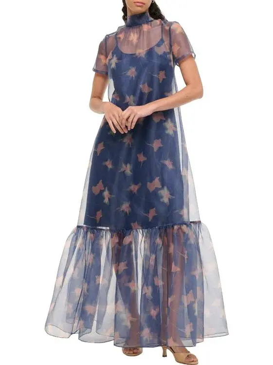Staud Calluna Maxi Cocktail Dress - Botanical Navy