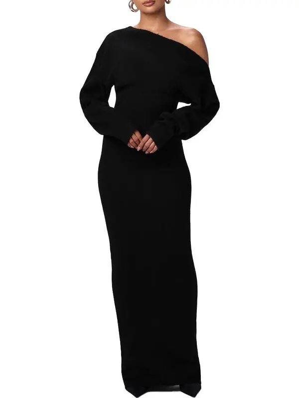 Naked Wardrobe One-shoulder Maxi Sweater Dress - Black