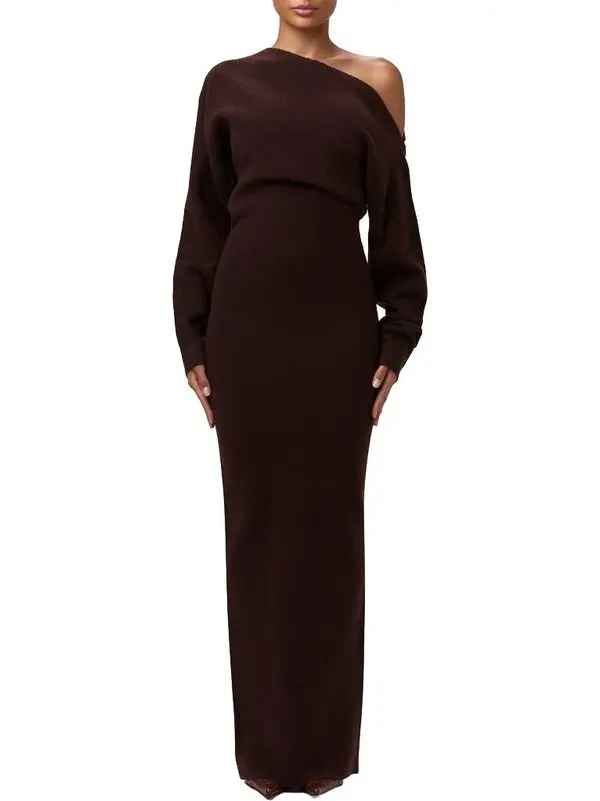 Naked Wardrobe One-shoulder Maxi Sweater Dress - Dark Chocolate