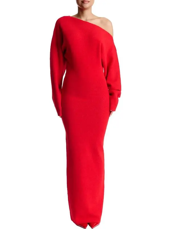 Naked Wardrobe One-shoulder Maxi Sweater Dress - Red