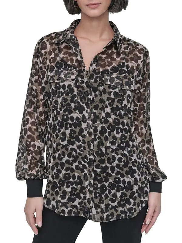 Dkny Print Chiffon Tunic Shirt - Spring Animal Utility Green