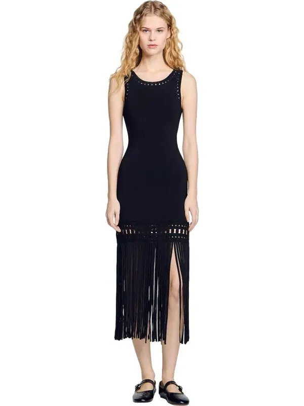Sandro Fringed Knit Dress - Black