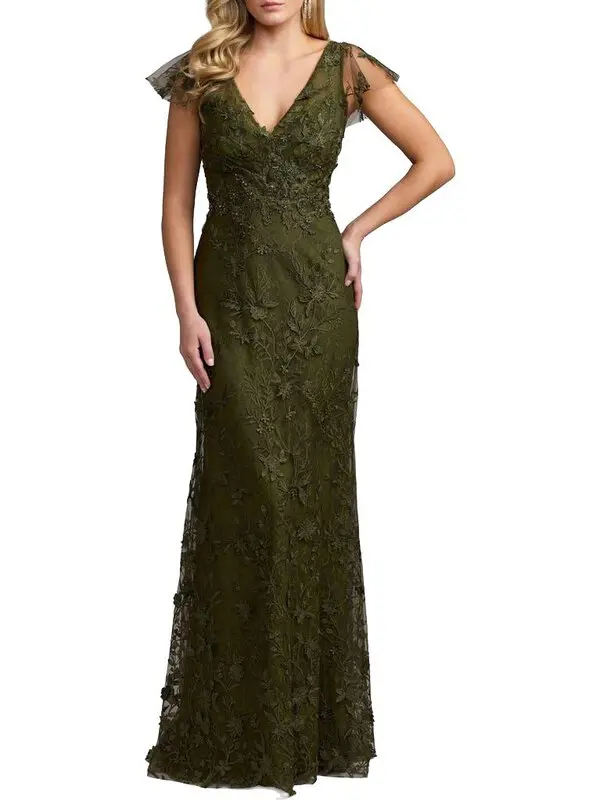 Mac Duggal Embroidered Appliqué Flutter Sleeve Gown - Olive