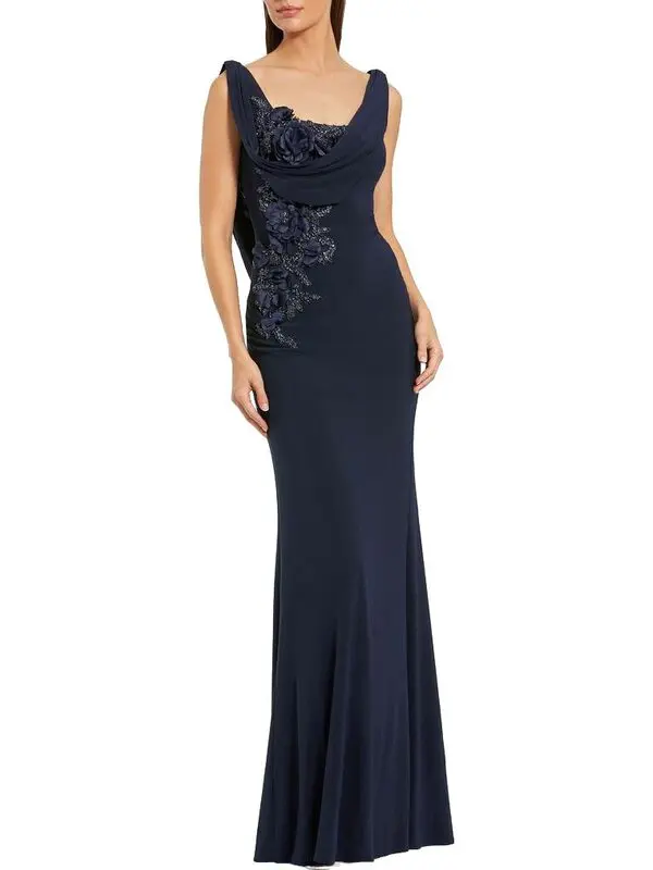 Mac Duggal Sleeveless Beaded Cowl Neck Gown - Midnight