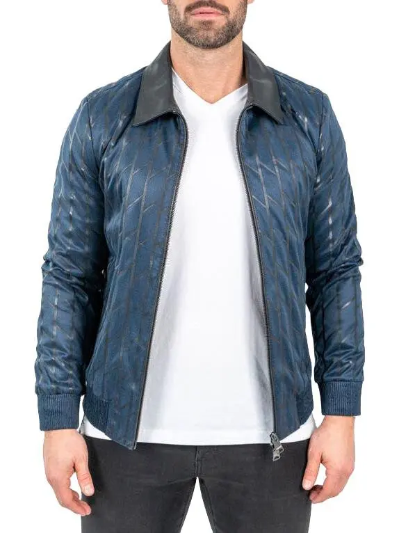 MACEOO Ladder Print Leather Jacket - Blue