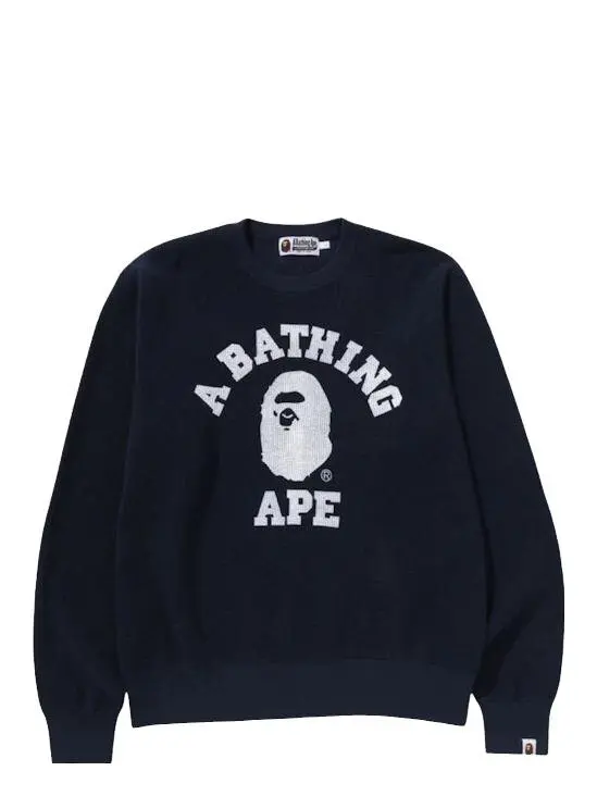 BAPE College Waffle Crewneck Sweatshirt Sweater - Navy Blue