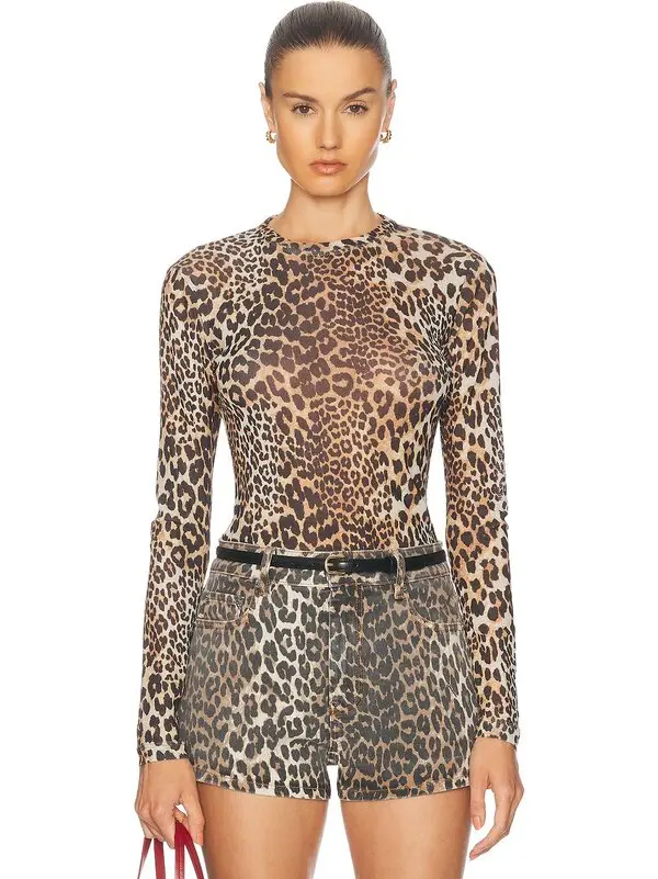 GANNI Printed Long Sleeve Top - Leopard