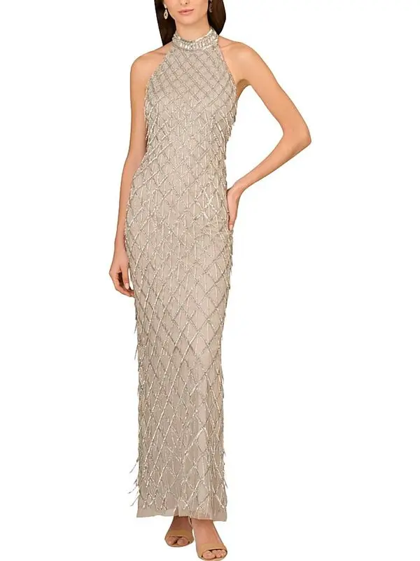 Aidan Mattox Beaded Halter Gown - Silver
