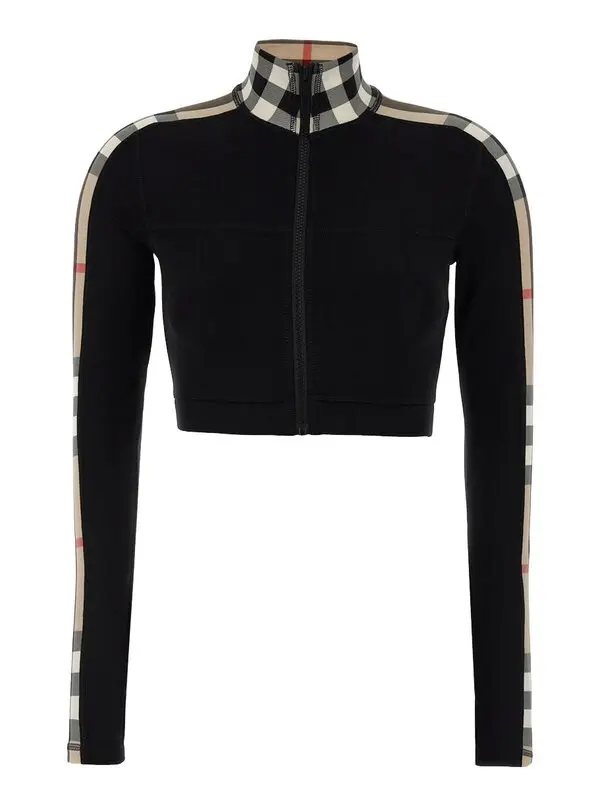 Burberry Stretch Jersey Cropped Sweatshirt With Check - Black