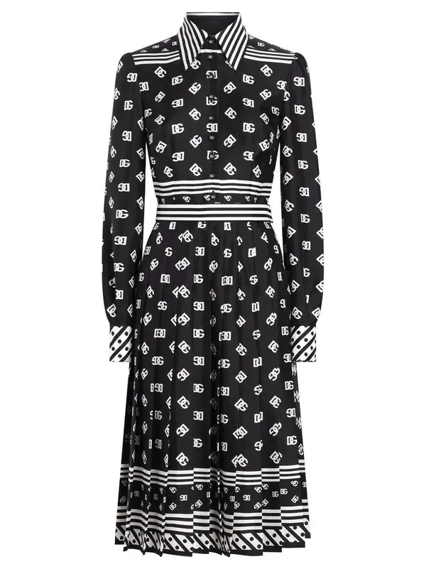 Dolce & Gabbana Twill Calf-length Shirt Dress With Dg Logo Scarf Print - Black