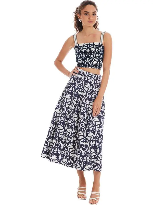 Allison Mabel Damask Print A-line Skirt - Natural