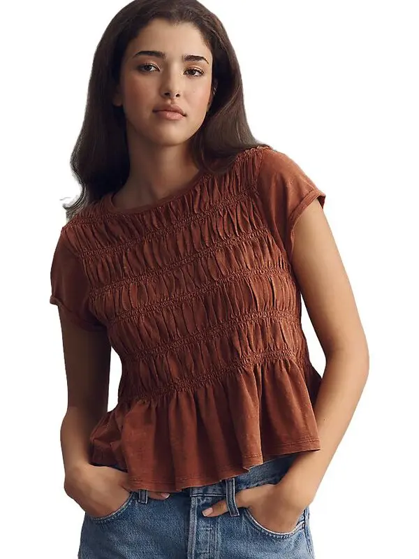 PILCRO Tab Ruched Cap-sleeve T-shirt - Coconut Shell